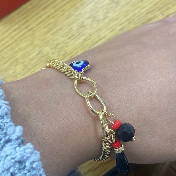 18k Gold Filled Double Cuban Link Bracelet With Blue Evil Eye, Simulate ...