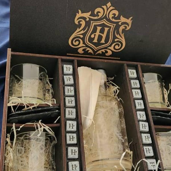 Engraved Wooden Gift Box With Decanter - Personalized Leather Wrapped ...