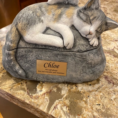 Ceramic Engraved Painted Calico Cat 2 Piece Cremation Urn With Plastic ...