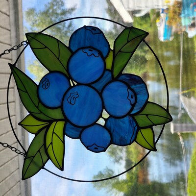 Blueberry Blue Suncatcher. Stained Glass Home Decor Panel Window Wall ...