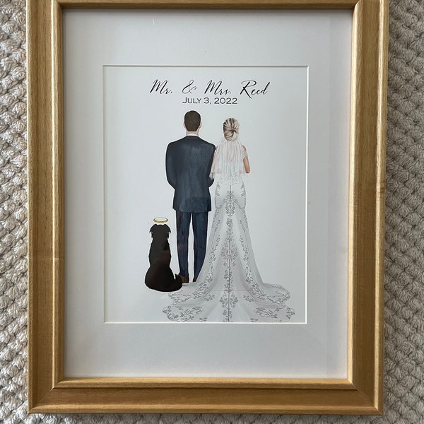 Personalized Wedding Portrait Print, Bride Groom and Pets, Military ...