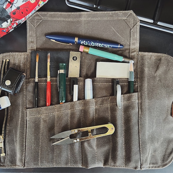Roll up Mini Pencil Case, Pen Roll, Waxed Canvas and Leather, 12 ...