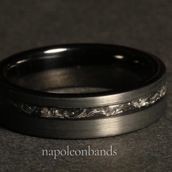 The Abyss - 6mm Black Meteorite Brushed Wedding Ring, Black Obsidian ...