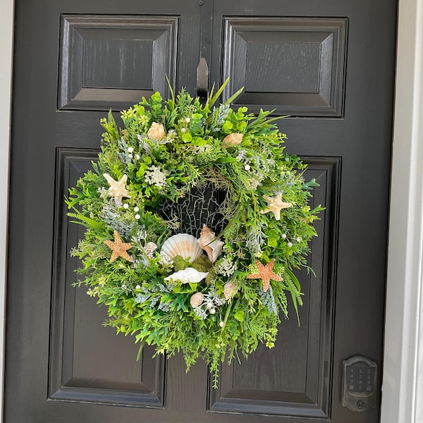 Shoreline Coastal Starfish and Seashell Wreath for Front Door, Beach ...