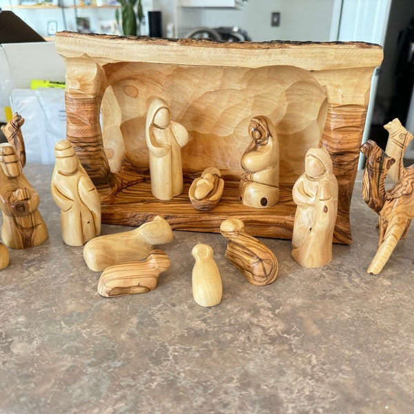 Olive Wood Nativity Set Olive Wood Nativity Set in a Cave Hand Carved ...