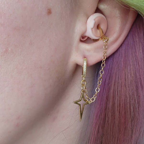 Moon and Stars Chain Linked Double Hoop Earrings, Silver Star Chain ...