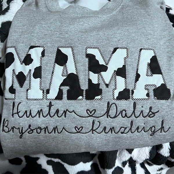 Cow Print Applique Mama Crewneck | Personalized Embroidery - Etsy