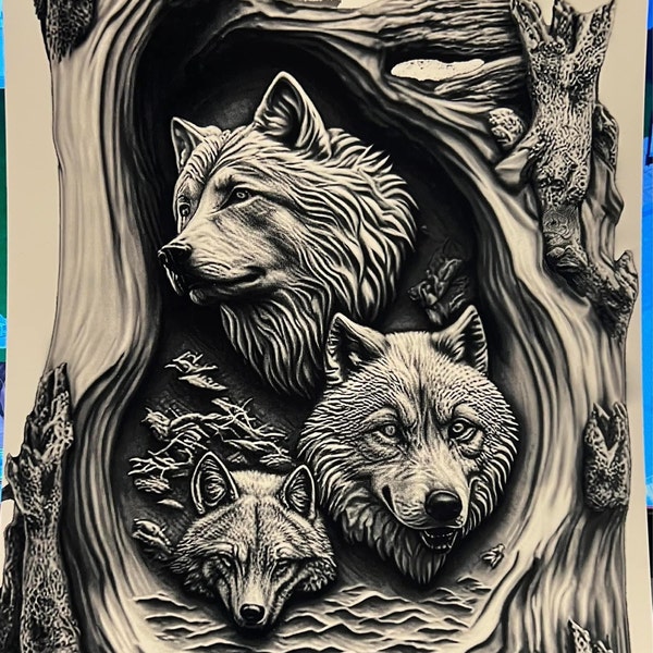 Wolf & Wolves in Carved Wood Style - 3D Illusion PNG for Laser ...