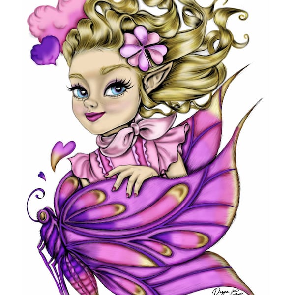 Herald of Spring Grayscale Coloring Page Cute Elf With Butterfly ...