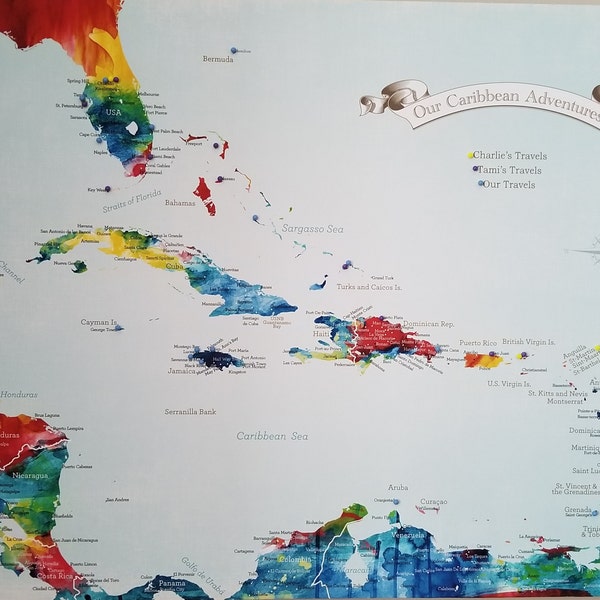 Caribbean Push Pin Map, Pretty Travel Map, Personalized Bucket List Map ...