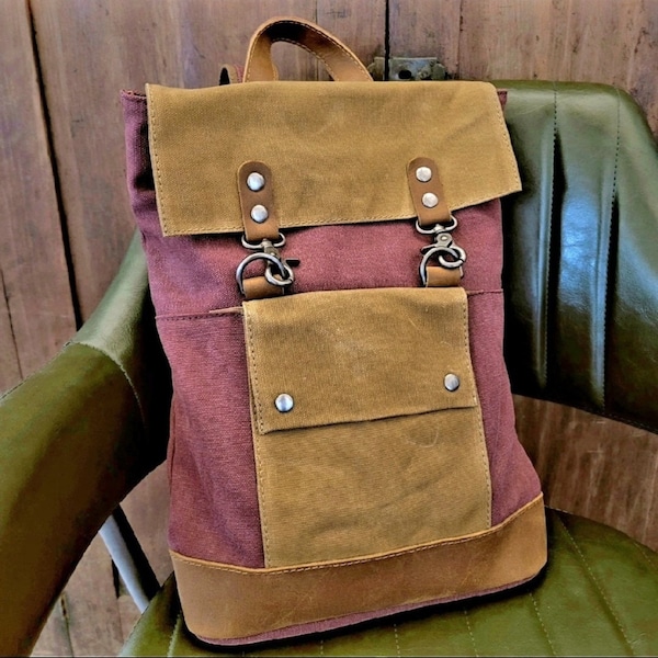 Small Canvas Backpack With Waxed Canvas Panels and Leather Trim. Secure ...