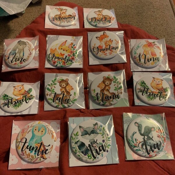 Woodland Baby Shower | Mommy to Be Pins | Forrest Baby Animal ...