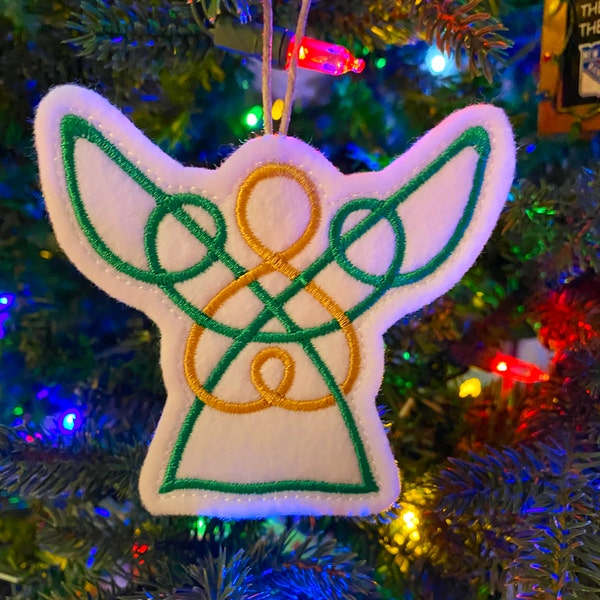 Celtic Knot Angel Ornament Embroidered on White Felt With Green and ...