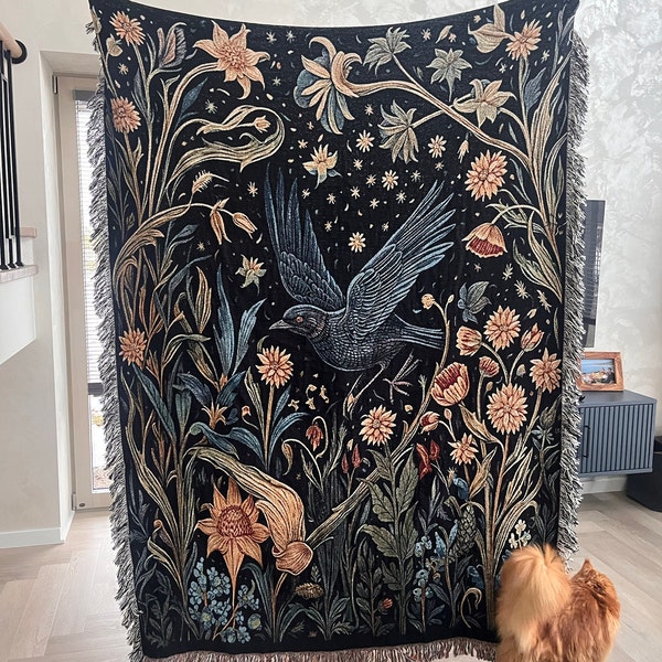 Dark Cottagecore Crow Tapestry Woven | Raven Wall Art Blanket Woven ...