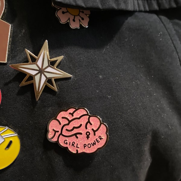 Girl Power Enamel Pin- Feminist Lapel Pin Pink Glitter Brain Enamel Pin ...