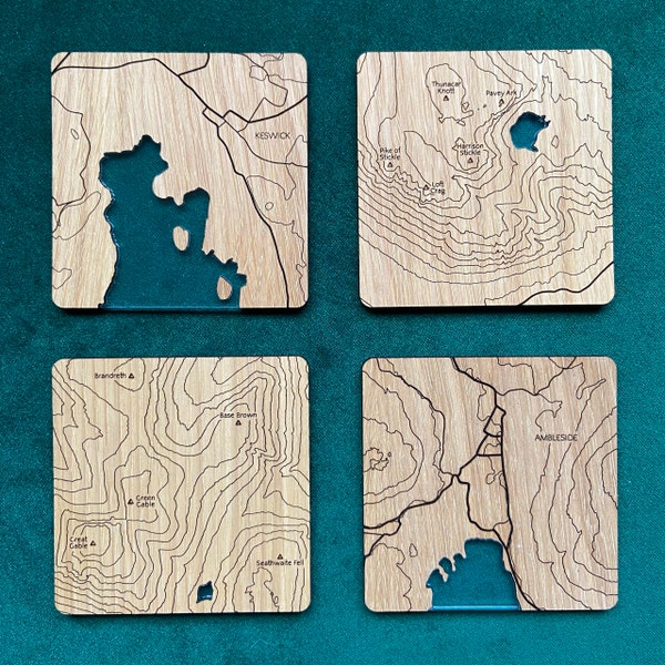 Lake District Coasters: Laser Etched Maps on Oak, a Gift for Walkers ...