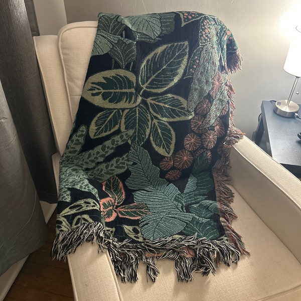 Botanical Throw Blanket, Botanical Tapestry, Plants Blanket, Leaves ...