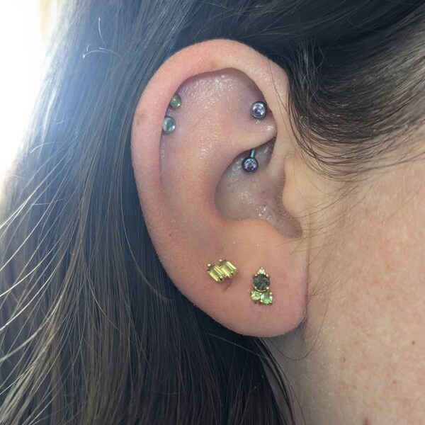 14K Gold Moss Agate Earring Threadless Push Pin Stud Dainty Fan Shape ...