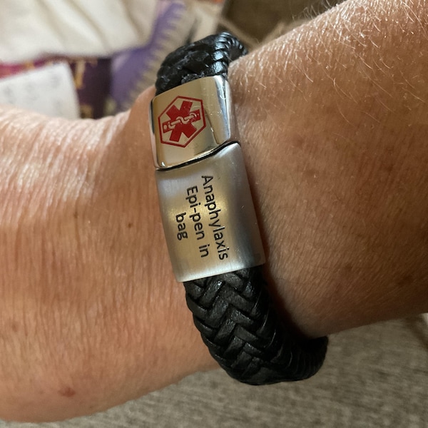 Red Medical Alert ID Bracelet With Soft Leather - Personalised, Any ...