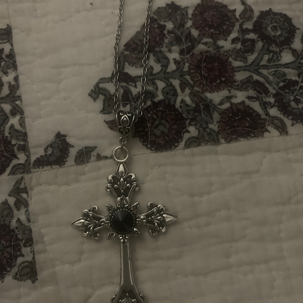 Jet Black Onyx Antiqued Silver Cross Crucifix Gothic Victorian Vampire ...