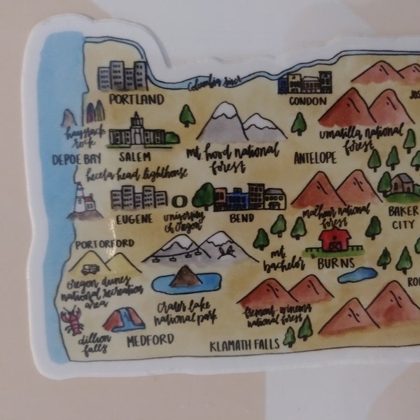 Oregon State Illustrated Map Sticker- Laptop Sticker, Watercolor ...