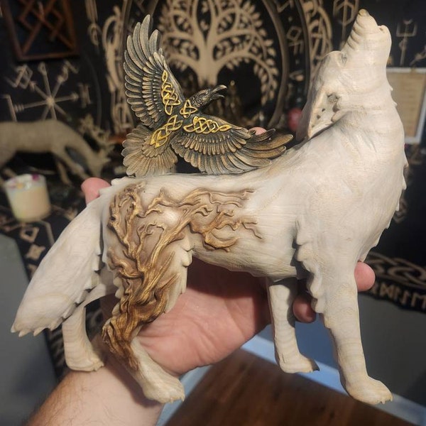 Wolf and Raven, Raven Statue, Wolf Statue White Wolf Howling Wolf ...