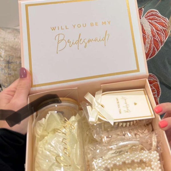 Bridesmaid Proposal Box: Personalized Glass, Hair Accessories Gift Set ...