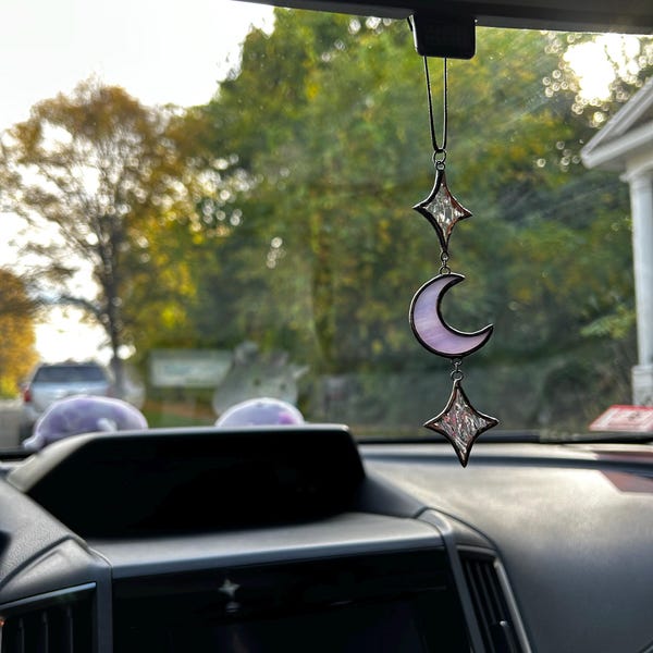 Celestial Moon Phases Car Mirror Charm. Delicate Lavender Stained Glass ...