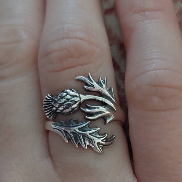 Sterling Silver Thistle Ring - Scottish Thistle Ring, Adjustable Ring, Symbolic Jewelry, Nature ...