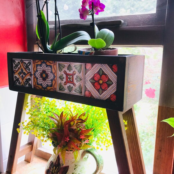 Mexican Tile Wooden Planter With Legs: Rustic Home & Garden Decor ...