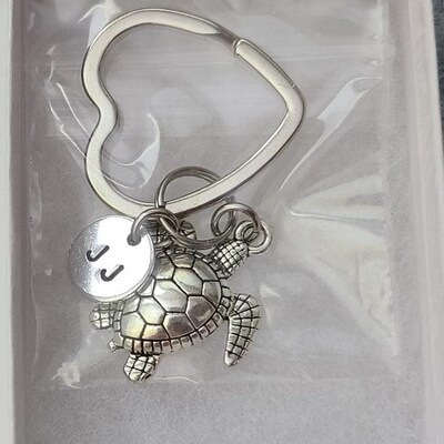 SEA TURTLE KEYCHAIN Personalized With Initial Charm in Silver Tone ...