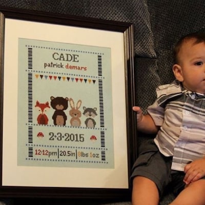 Cross Stitch Pattern Baby Birth Sampler, Birth Announcement, Woodland ...