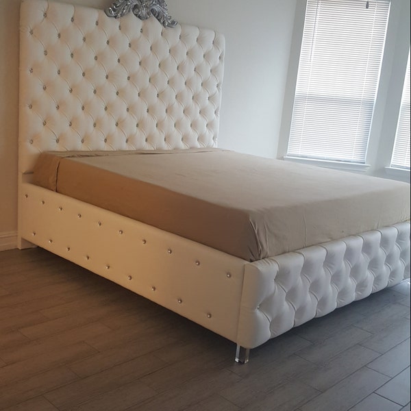 Custom Tufted Tall Headboard Bed Frame Ornate Wood Carving King French ...