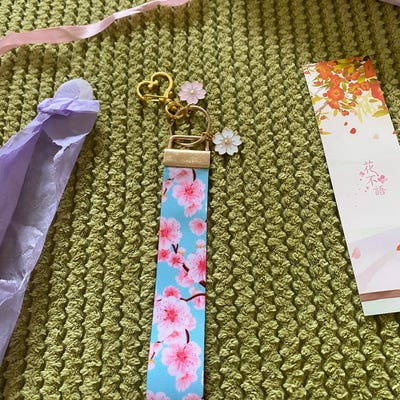 Kawaii Red Japanese Keyfob Wristlet, Kimono Keyring Keychain, Flower ...