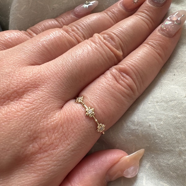 14k Solid Gold Tiny Flower Ring, Dainty Leaf Ring, Nature Inspired Ring for Women, Unique Floral ...