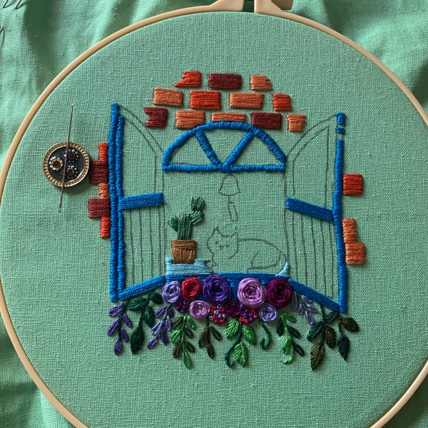 Cat Embroidery Pattern Cat Flower Embroidery Window and Cat Embroidery Pattern Cat Rose ...