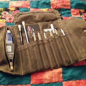 Roll up Mini Pencil Case, Pen Roll, Waxed Canvas and Leather, 12 ...