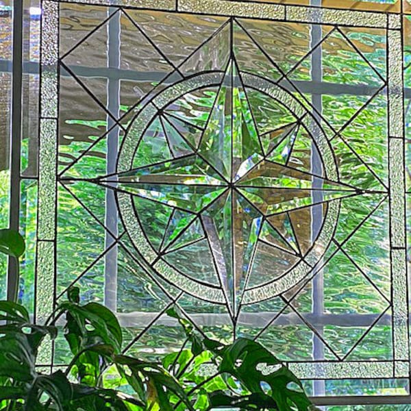 Compass Rose Clear Stained Glass Window Panel, Hangings - Maywood ...