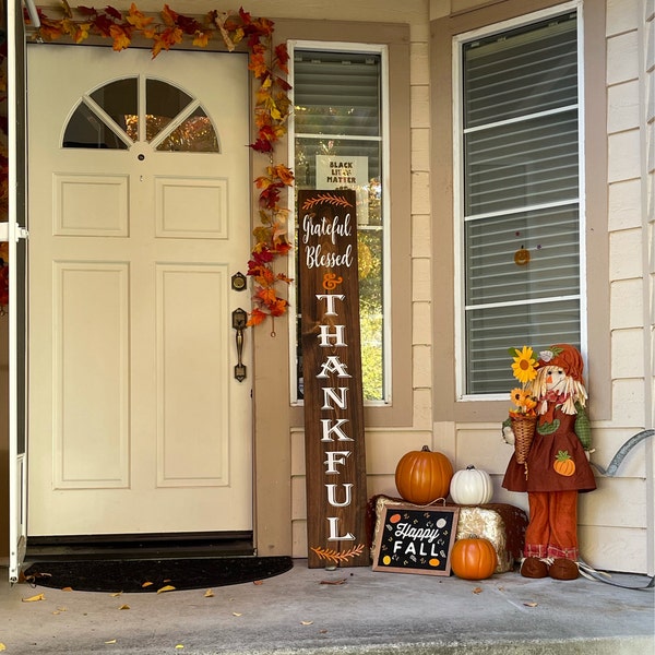 Thanksgiving Front Door Sign / Grateful, Blessed & Thankful Wooden Sign ...