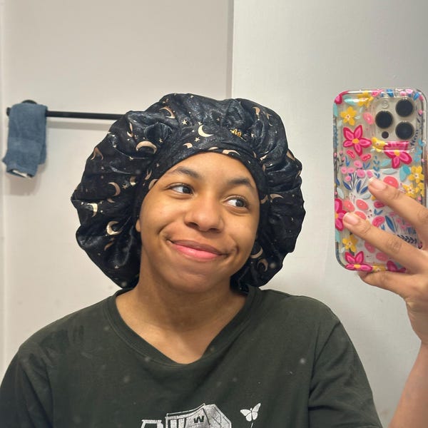 All Hair Types - Satin Bonnet With Bow Tie - Celestial Print - Crescent ...