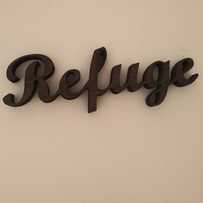 Door Sign Refuge Dark Finished Wood, Wood Sign,cursive Wooden Letters ...