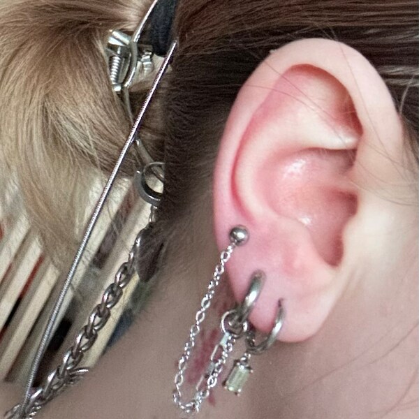 Double Piercing Chain Earring, Two Holes Earring, Star Earring ...
