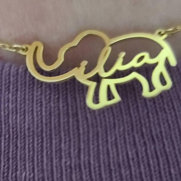 Elephant Name Necklace, Animal Name Necklace, Gold Nameplate Elephant ...