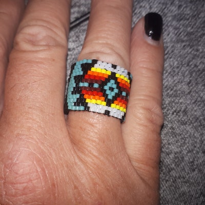 Black Colorful Native Style Ring Beaded Wide Ring American Beadwork ...