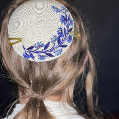 Cream & Blue Flower Kippot, Sapphire Blue Floral Womens Beaded Kippa ...