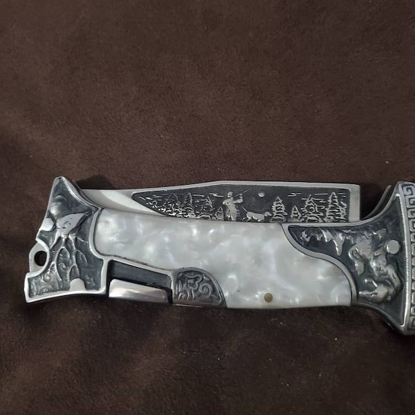 Pearl Marble Handle Engraved Blade Folding Pocket Knife 9" Original ...