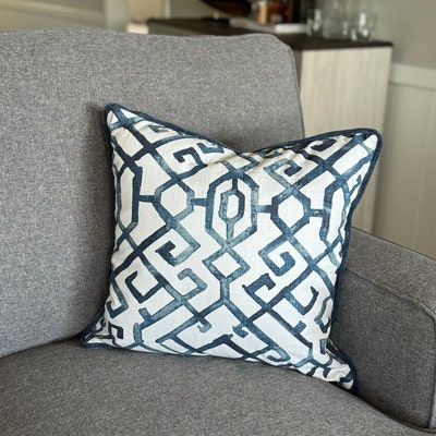 Blue Toile French Pillow Cover. Blue and White Fringe Pillow. Cottage ...