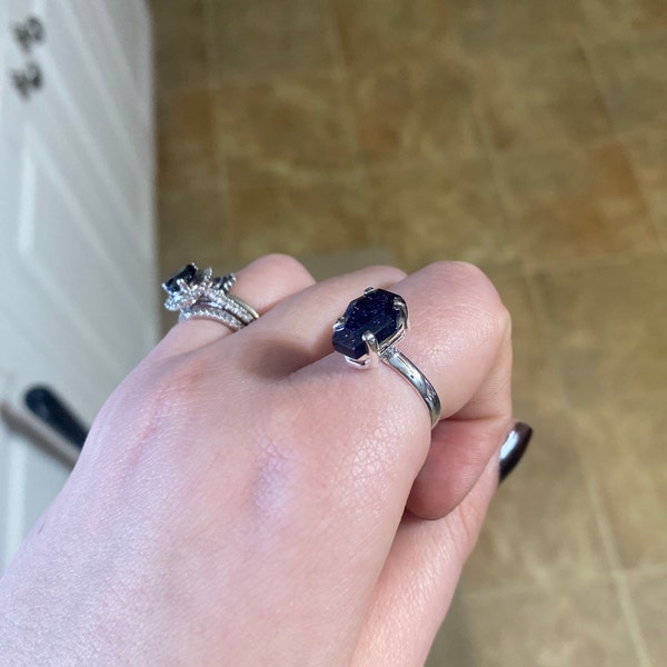 Coffin Ring, Blue Sunstone Ring, Sterling Silver Ring, Prong Setting ...