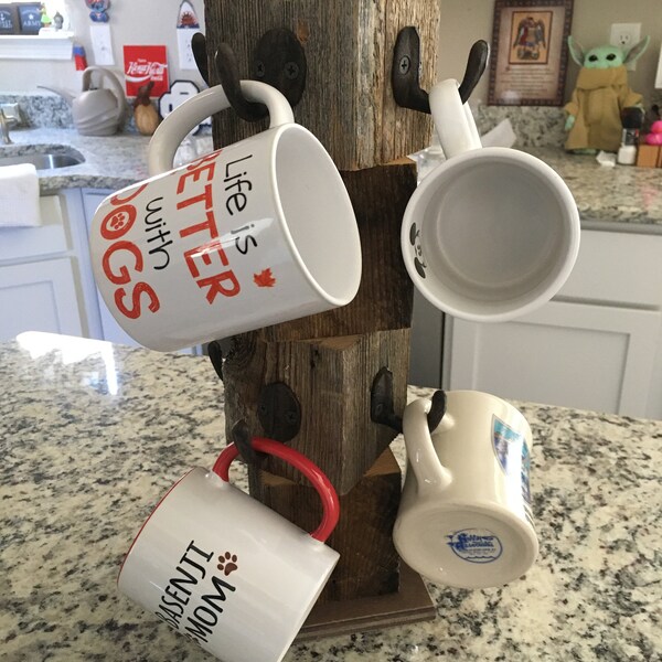 Farmhouse Coffee Mug Tree, Wooden Cup Holder, Kitchen Display Stand ...