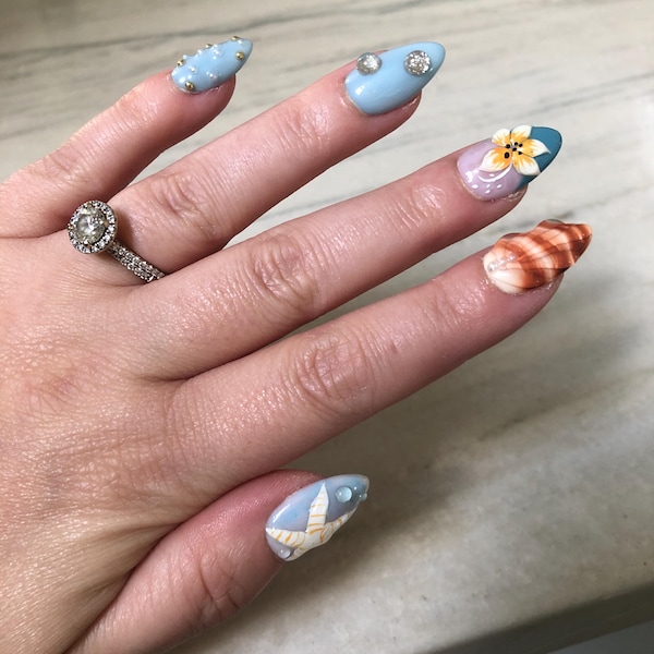 Beach Nails Design, Summer Shell Nails, Handmade Ocean Press on Nails ...